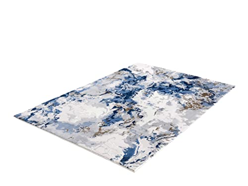 Abani Transitional Rugs Grey & Blue Swirl 4' x 6' Area Rug - Abstract Marble Watercolor No-Shed Premium Dining Room Rug