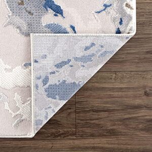 Abani Transitional Rugs Grey & Blue Swirl 4' x 6' Area Rug - Abstract Marble Watercolor No-Shed Premium Dining Room Rug