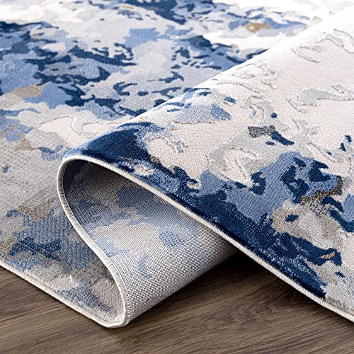 Abani Transitional Rugs Grey & Blue Swirl 4' x 6' Area Rug - Abstract Marble Watercolor No-Shed Premium Dining Room Rug