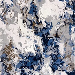 Abani Transitional Rugs Grey & Blue Swirl 4' x 6' Area Rug - Abstract Marble Watercolor No-Shed Premium Dining Room Rug