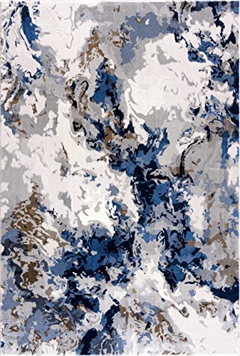 Abani Transitional Rugs Grey & Blue Swirl 4' x 6' Area Rug - Abstract Marble Watercolor No-Shed Premium Dining Room Rug