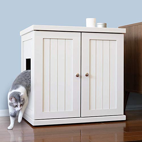 THE REFINED FELINE Cat Litter Box Enclosure Cabinet, Cottage, White, Adjustable Levelers, Large, Hidden Litter Cat Furniture with Drawer