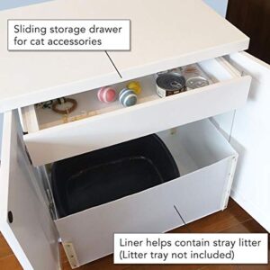 THE REFINED FELINE Cat Litter Box Enclosure Cabinet, Cottage, White, Adjustable Levelers, Large, Hidden Litter Cat Furniture with Drawer