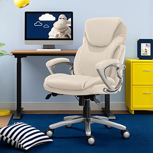 Serta AIR Health and Wellness Executive Office Chair, High Back Big and Tall Ergonomic for Lumber Support Task Swivel, Bonded Leather, Cream