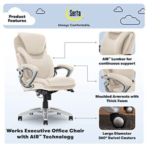 Serta AIR Health and Wellness Executive Office Chair, High Back Big and Tall Ergonomic for Lumber Support Task Swivel, Bonded Leather, Cream