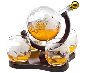 whiskey decanter globe set with 4 etched globe whisky glasses for liquor, scotch, bourbon, vodka, gifts for men – 850ml