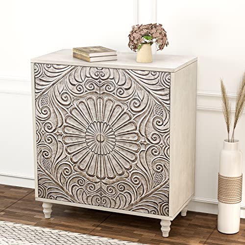 HOMPUS Accent Cabinet with Pattern Doors and Shelf, Wood Grain Rustic Buffet Sideboard, Coffee Bar Storage Cabinet for Living Room, Kitchen, Bedroom, Light Grew