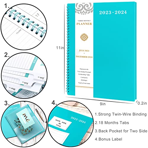 Monthly Planner 2023-2024 - 2023-2024 Monthly Planner from Jul. 2023 to Dec. 2024, 8.5" x 11", 18-Month Planner with Tabs, Pocket, Label, Contacts and Passwords, Twin-Wire Binding, 3 Pack - Teal by Artfan