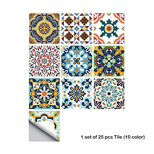 25 PCS Moroccan Style Tile Sticker, 4x4 Inch(10x10cm) Traditional DIY Murals, Tile Waterproof Oil Proof Removable Decals for Bathroom & Kitchen Backsplash