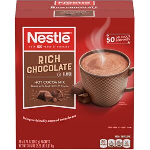 nestle hot chocolate mix, hot cocoa, rich chocolate flavor, made with real cocoa, 0.71 oz packets (pack of 50)