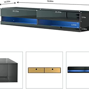 Floating TV Stand for TVs Up to 85 inch, 70 inch Wall Mounted Haning TV Stand with LED Lights, High Glossy Floating Entertainment Centre Hanging Media Console Shelf, Modern Under TV Floating TV Shelf