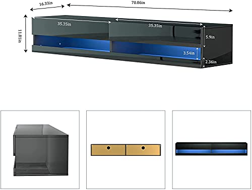 Floating TV Stand for TVs Up to 85 inch, 70 inch Wall Mounted Haning TV Stand with LED Lights, High Glossy Floating Entertainment Centre Hanging Media Console Shelf, Modern Under TV Floating TV Shelf