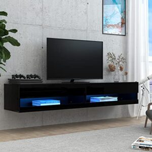 Floating TV Stand for TVs Up to 85 inch, 70 inch Wall Mounted Haning TV Stand with LED Lights, High Glossy Floating Entertainment Centre Hanging Media Console Shelf, Modern Under TV Floating TV Shelf