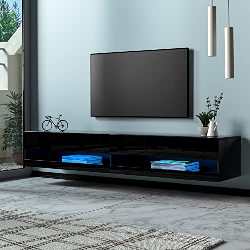 Floating TV Stand for TVs Up to 85 inch, 70 inch Wall Mounted Haning TV Stand with LED Lights, High Glossy Floating Entertainment Centre Hanging Media Console Shelf, Modern Under TV Floating TV Shelf