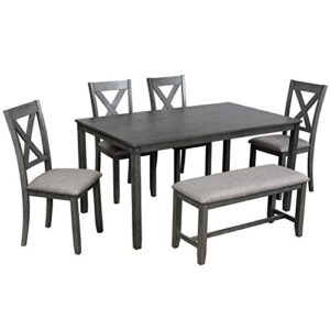 6 Piece Dining Table Set, Wood Dining Dinette Table and 4 Chairs with 1 Bench with Cushion, Rustic Style Kitchen Table Set for 6 Persons, Gray