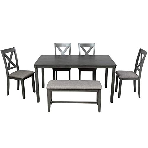 6 Piece Dining Table Set, Wood Dining Dinette Table and 4 Chairs with 1 Bench with Cushion, Rustic Style Kitchen Table Set for 6 Persons, Gray