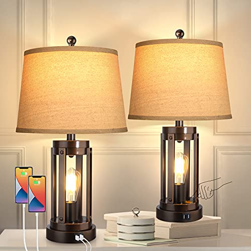 WIHTU Set of 2 Table Lamps with USB Ports, 3-Way Dimmable Farmhouse Touch Lamps, Bedside Lamp for Bedroom with AC Outlet, Modern ORB Nightstand Lamps Desk Lamp for Living Room Reading, Bulbs Included