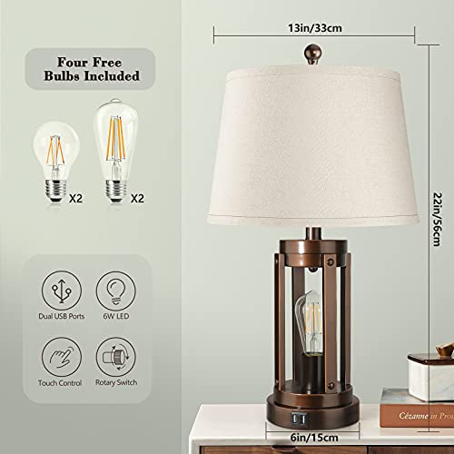 WIHTU Set of 2 Table Lamps with USB Ports, 3-Way Dimmable Farmhouse Touch Lamps, Bedside Lamp for Bedroom with AC Outlet, Modern ORB Nightstand Lamps Desk Lamp for Living Room Reading, Bulbs Included