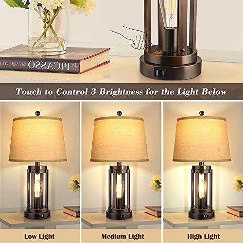 WIHTU Set of 2 Table Lamps with USB Ports, 3-Way Dimmable Farmhouse Touch Lamps, Bedside Lamp for Bedroom with AC Outlet, Modern ORB Nightstand Lamps Desk Lamp for Living Room Reading, Bulbs Included