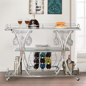 rarzoe bar serving cart with glass holder&wine rack, mobile kitchen serving cart wine cart, 3-tier kitchen trolley with tempered glass shelves&sliver-finished metal frame for home dining room(silver)