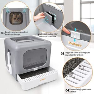 LOOBANI Foldable Cat Litter Box with Lid,Enclosed and Covered Litter Box to Prevent Smell, Anti-Splashing Kitty Potty with Scoop and Mat for Easy Clean, Large Top Entry Cat Toilet with Drawer (Grey)