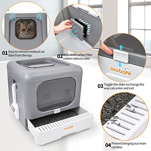 LOOBANI Foldable Cat Litter Box with Lid,Enclosed and Covered Litter Box to Prevent Smell, Anti-Splashing Kitty Potty with Scoop and Mat for Easy Clean, Large Top Entry Cat Toilet with Drawer (Grey)