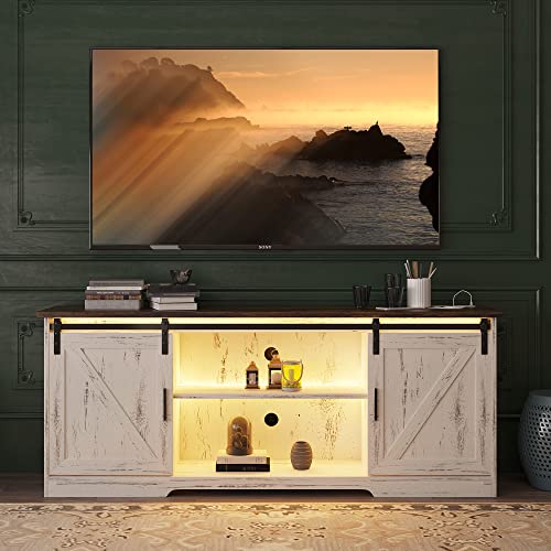 Kasibie Farmhouse 65" TV Stand, Modern LED TV Stand White, Entertainment Center with Storage Cabinet, Sliding Barn Door Media Cabinet (White)