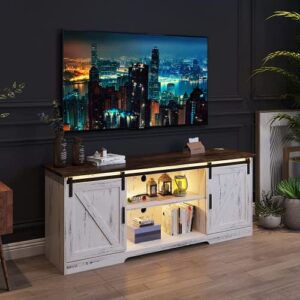 Kasibie Farmhouse 65" TV Stand, Modern LED TV Stand White, Entertainment Center with Storage Cabinet, Sliding Barn Door Media Cabinet (White)