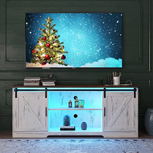 Kasibie Farmhouse 65" TV Stand, Modern LED TV Stand White, Entertainment Center with Storage Cabinet, Sliding Barn Door Media Cabinet (White)