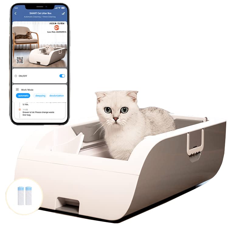 Smart Automatic Cat Litter Box Self Cleaning APP Control Cat Litter Box with Built in Odor Eliminator Works with Clumping Cat Litter (White-Grey)