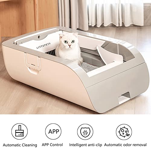 Smart Automatic Cat Litter Box Self Cleaning APP Control Cat Litter Box with Built in Odor Eliminator Works with Clumping Cat Litter (White-Grey)