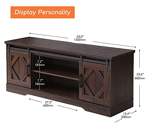 WAMPAT Farmhouse TV Stand Modern Sliding Barn Door Entertainment Center for TVs Up to 65 inch, Wood TV Media Console Table Cabinet Storage for Living Room, Rustic Brown