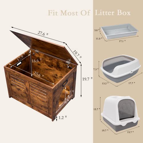 DINZI LVJ Litter Box Furniture, Flip Top Hidden Cat Washroom with Louvered Window, Entrance Can Be on Left/Right Side, Enclosed Cat Litter House Side Table for Most of Cat and Litter Box, Rustic Brown