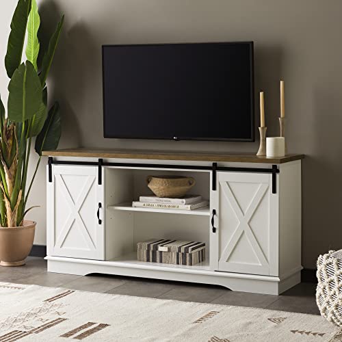 Walker Edison Richmond Modern Farmhouse Sliding Barn Door TV Stand for TVs up to 65 Inches, 58 Inch, White and Rustic Oak