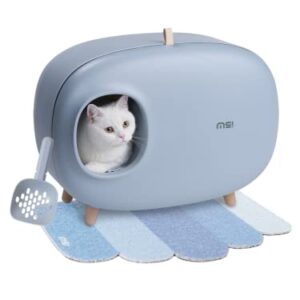 MS!MAKE SURE Cat Litter Box (with Litter Mat), Enclosed Design, Large Space Litter Box with Lid, Prevent Sand Leakage and Isolate Odors, Easy to Clean, with Cat Litter Scoop - Gray Blue