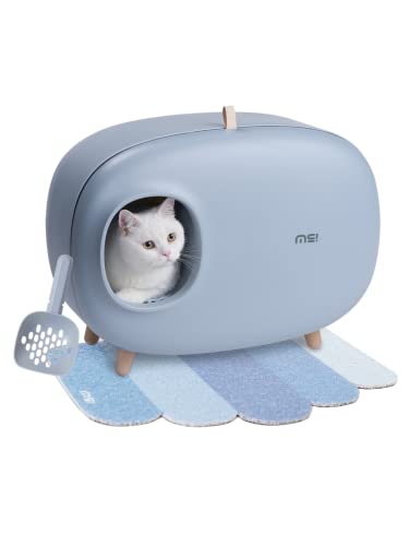 MS!MAKE SURE Cat Litter Box (with Litter Mat), Enclosed Design, Large Space Litter Box with Lid, Prevent Sand Leakage and Isolate Odors, Easy to Clean, with Cat Litter Scoop - Gray Blue