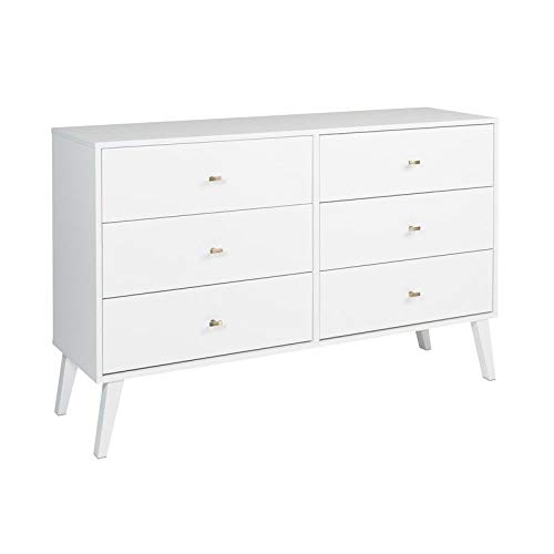 Prepac Milo Mid-Century 6 Drawer Double Dresser For Bedroom, 16" D x 52.50" W x 33" H, White