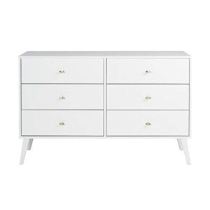 Prepac Milo Mid-Century 6 Drawer Double Dresser For Bedroom, 16" D x 52.50" W x 33" H, White