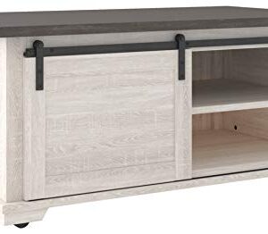 Signature Design by Ashley Dorrinson Farmhouse Coffee Table with Sliding Barn Doors, Antique White & Brown