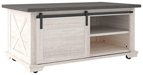 Signature Design by Ashley Dorrinson Farmhouse Coffee Table with Sliding Barn Doors, Antique White & Brown