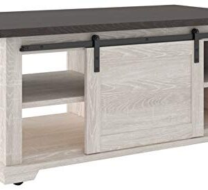 Signature Design by Ashley Dorrinson Farmhouse Coffee Table with Sliding Barn Doors, Antique White & Brown