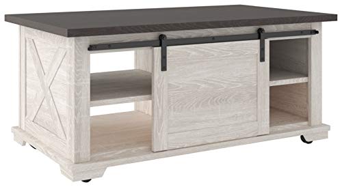 Signature Design by Ashley Dorrinson Farmhouse Coffee Table with Sliding Barn Doors, Antique White & Brown