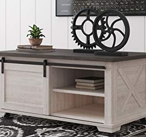 Signature Design by Ashley Dorrinson Farmhouse Coffee Table with Sliding Barn Doors, Antique White & Brown