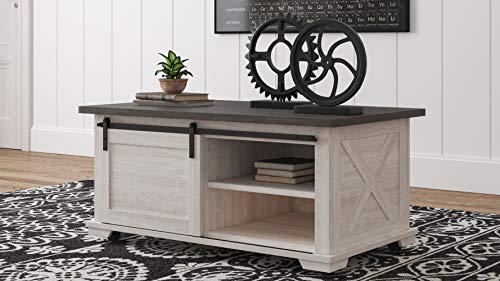 Signature Design by Ashley Dorrinson Farmhouse Coffee Table with Sliding Barn Doors, Antique White & Brown