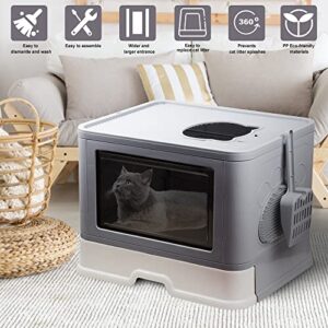 ONENIN Foldable Cat Litter Box,Large Top Entry Anti-Splashing Litter Box with Lid,Enclosed Cat Potty,Drawer Type Cat Toilet Easy Cleaning,Including Cat Litter Scoop, Grey