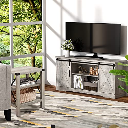 IDEALHOUSE Farmhouse TV Stand for 65 inch TV, Farmhouse Entertainment Center, Sliding Barn Door TV Stand, 58 inch TV Console Table, Home Living Room Wood TV Stand with Movable Shelf, Grey