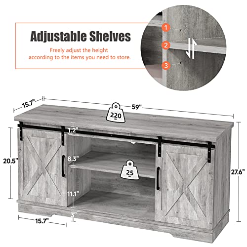 IDEALHOUSE Farmhouse TV Stand for 65 inch TV, Farmhouse Entertainment Center, Sliding Barn Door TV Stand, 58 inch TV Console Table, Home Living Room Wood TV Stand with Movable Shelf, Grey