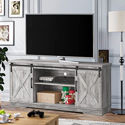 IDEALHOUSE Farmhouse TV Stand for 65 inch TV, Farmhouse Entertainment Center, Sliding Barn Door TV Stand, 58 inch TV Console Table, Home Living Room Wood TV Stand with Movable Shelf, Grey