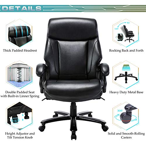 Big and Tall Office Chair 400lbs-Heavy Duty Executive Desk Chair with Extra Wide Seat, High Back Ergonomic Leather Computer Chair with Tilt Rock&Tension, Padded Armrests-Black