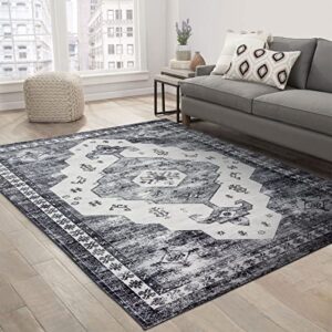 decomall emily 5×7 rug, traditional persian rug with rubber backing, washable area rug for living room bedroom dining room, grey 5’x7’